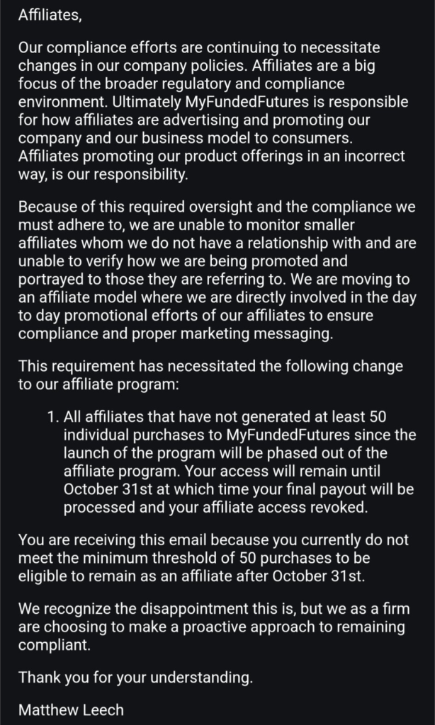 MFFU Affiliate Program更新，少於推薦人數50 的推薦碼會取消資格 - Propfirms Drama